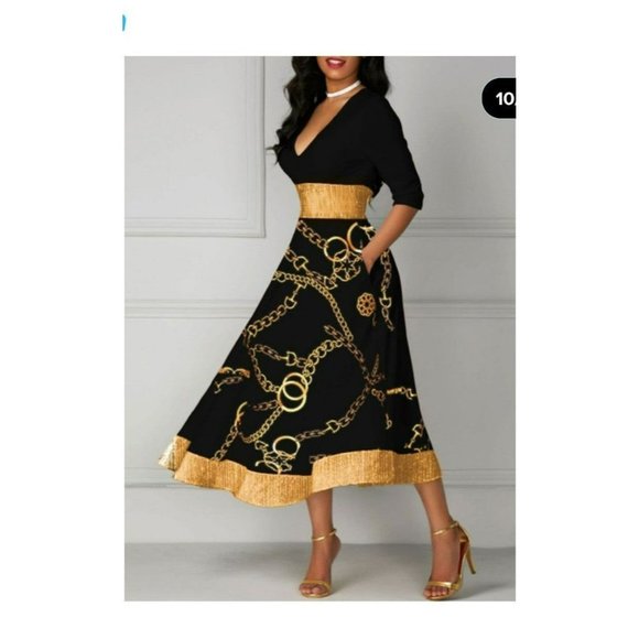 Rosewe | Dresses | Modest Black And Gold Chain Midi Dress With Pockets ...